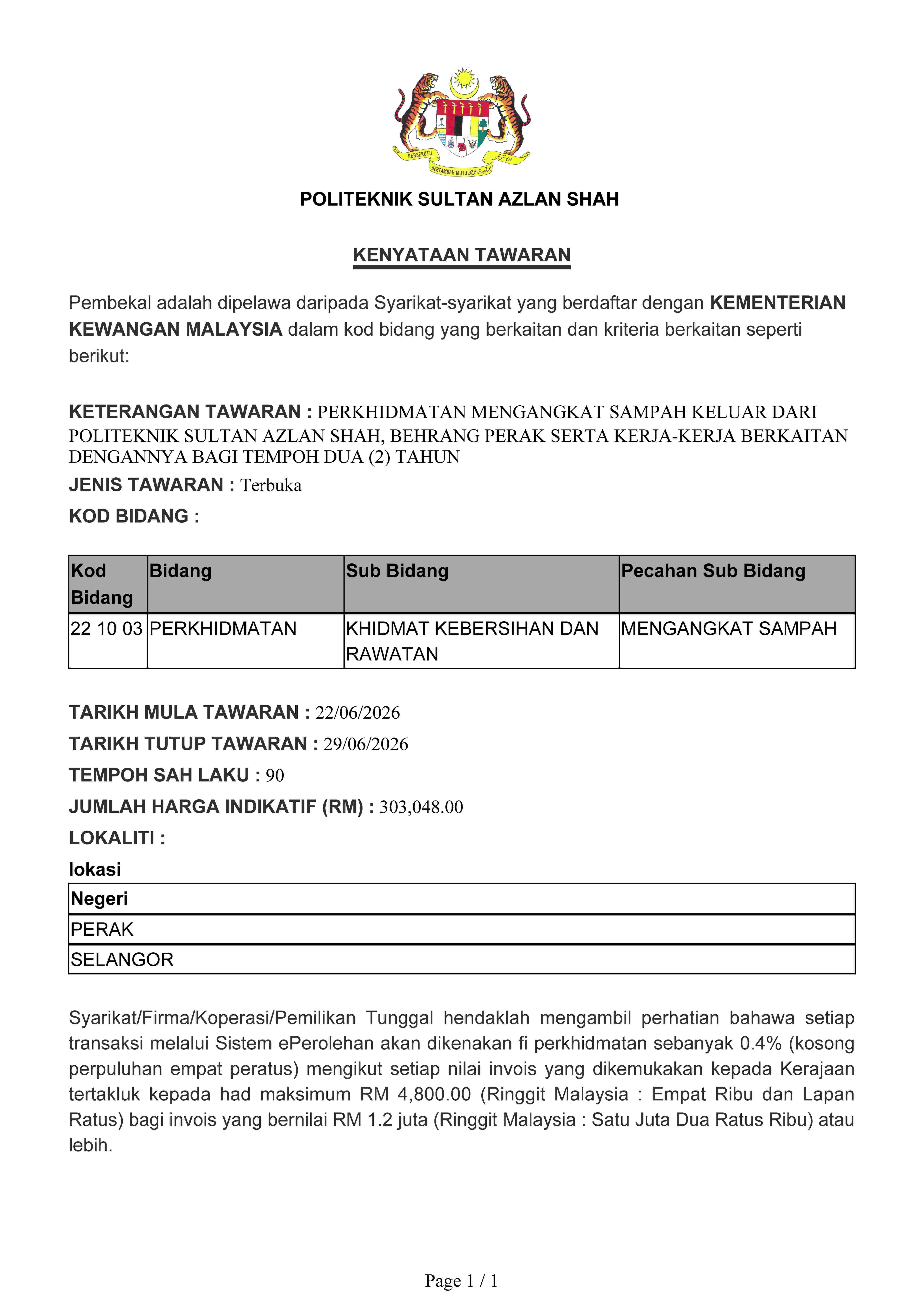 PERKHIDMATAN MENGANGKAT SAMPAH KELUAR DARI POLITEKNIK SULTAN AZLAN SHAH ...